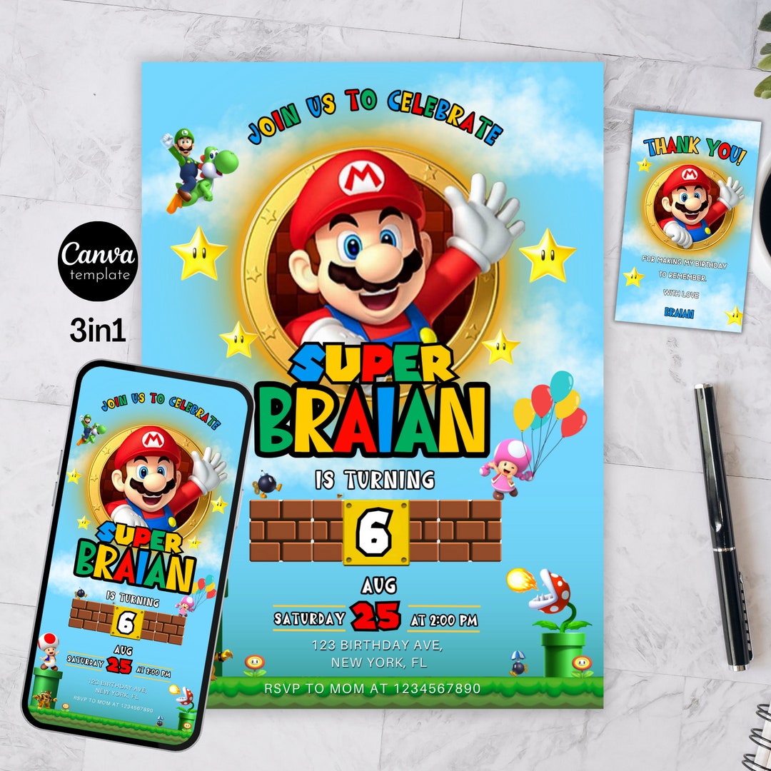 Plantilla de invitación de Mario Bros, invitación de cumpleaños de ...