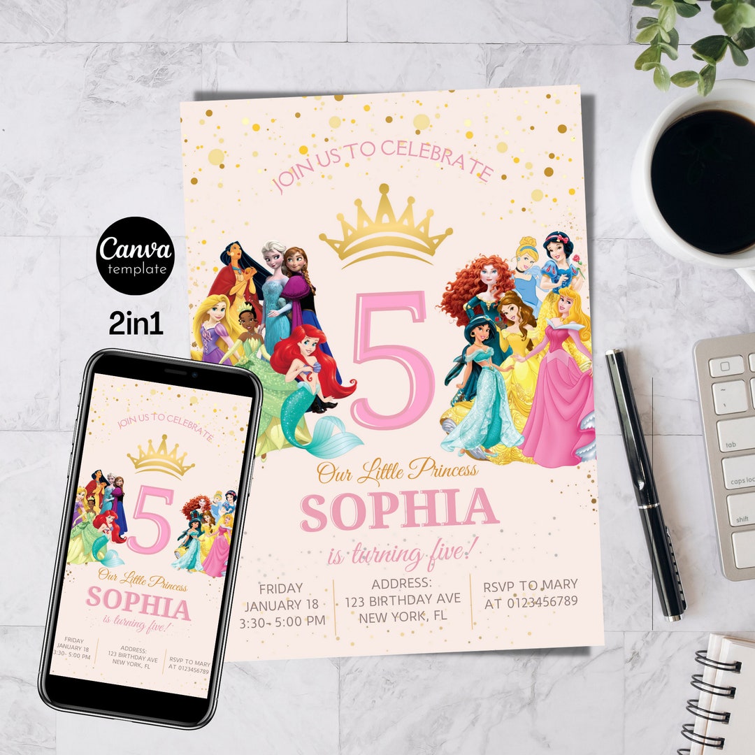 Princess Birthday Canva Template| Princess Birthday Party Invitation ...