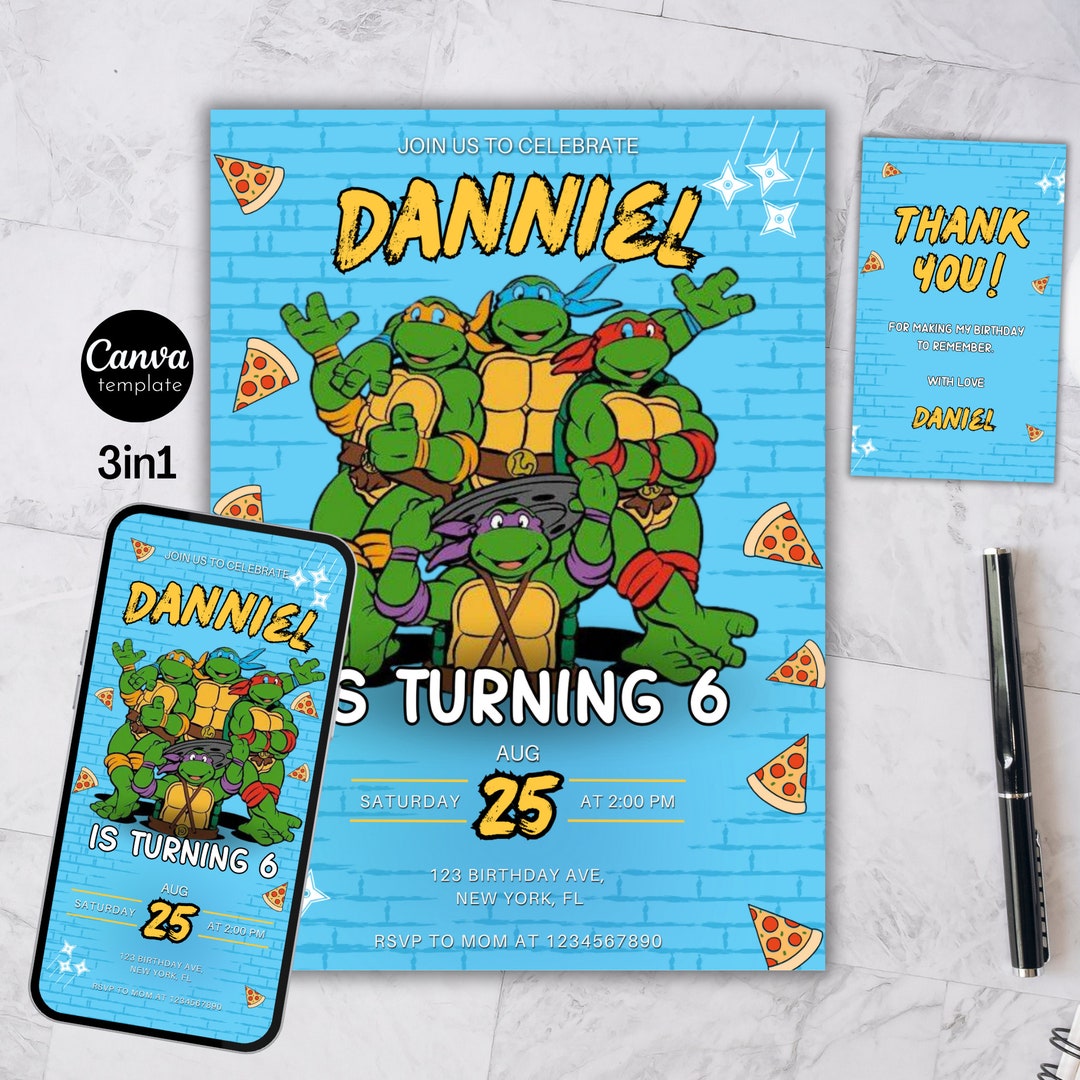 Ninja Turtle Invite, Turtle Birthday Invitation Template, Turtle ...