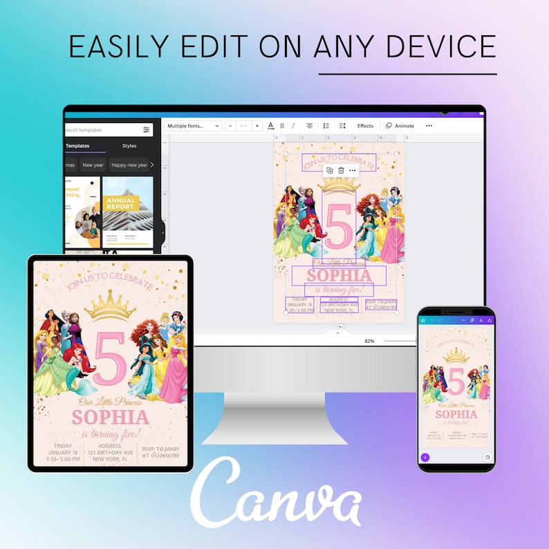 Princess Birthday Canva Template Princess Birthday Party - Etsy