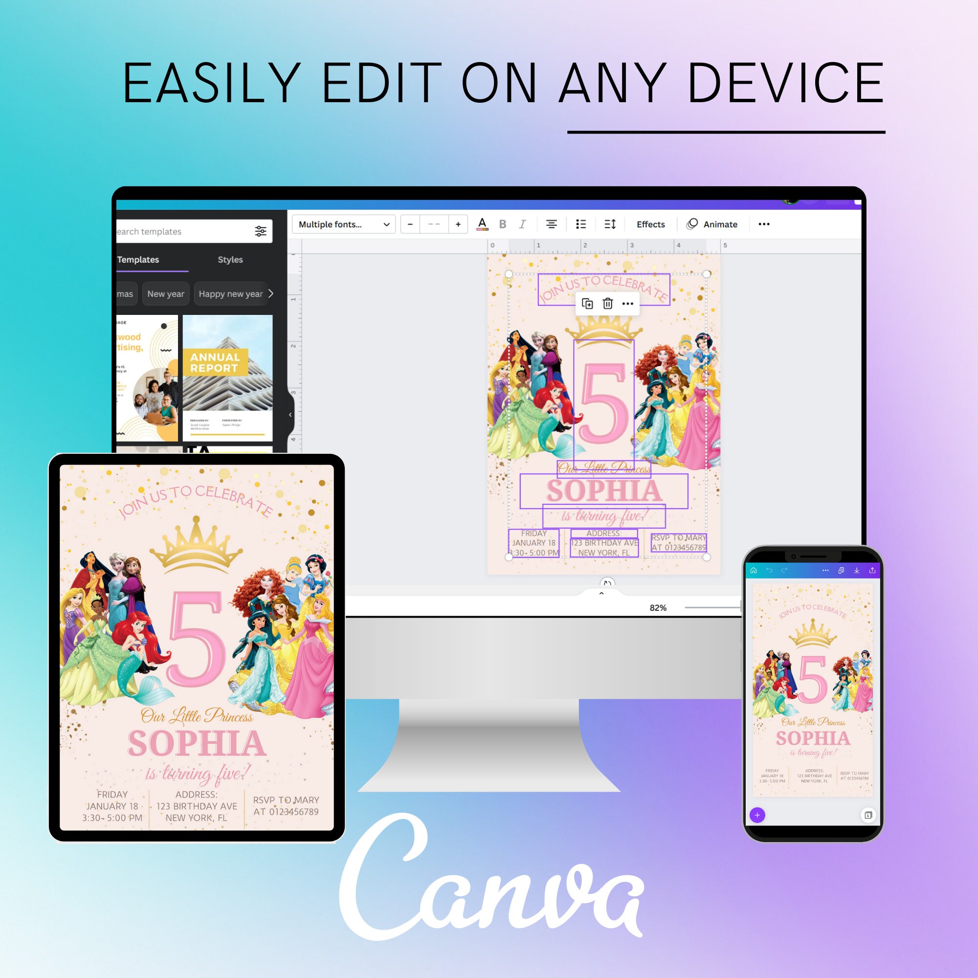 Princess Birthday Canva Template Princess Birthday Party - Etsy