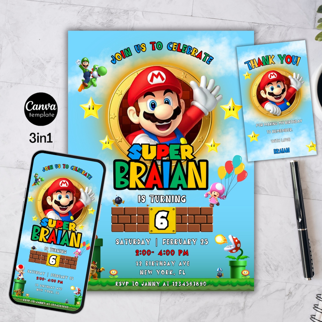 Super Mario Birthday Invitation, Birthday Invitation, Super Mario ...