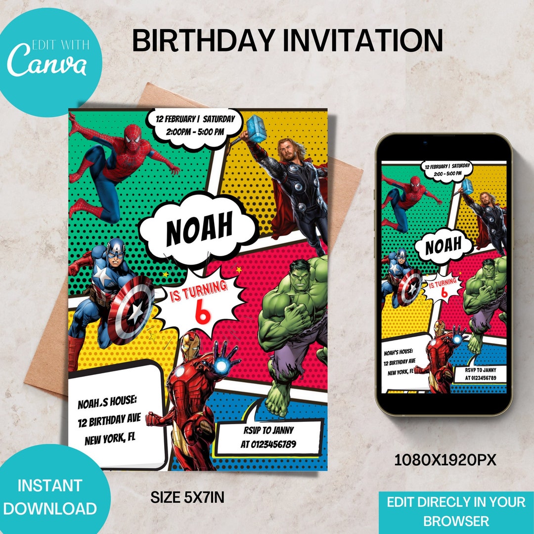 Boy Superhero Party Invite| Superheroes Birthday Invitation| Invitation ...