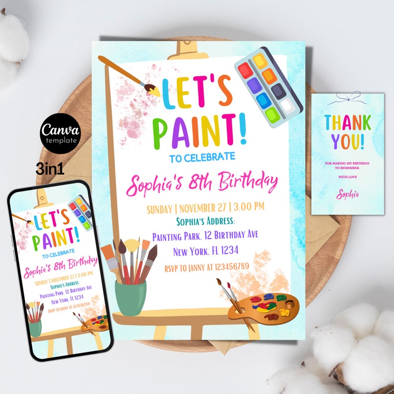 Editable Art Birthday Party Paint Party Invitation Template Pastel ...