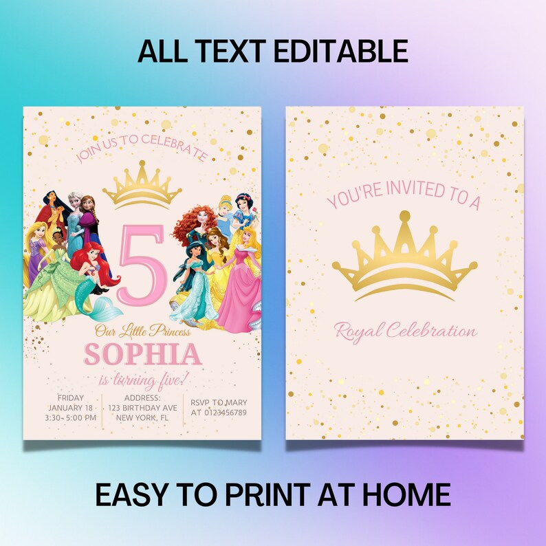 Princess Birthday Canva Template Princess Birthday Party - Etsy