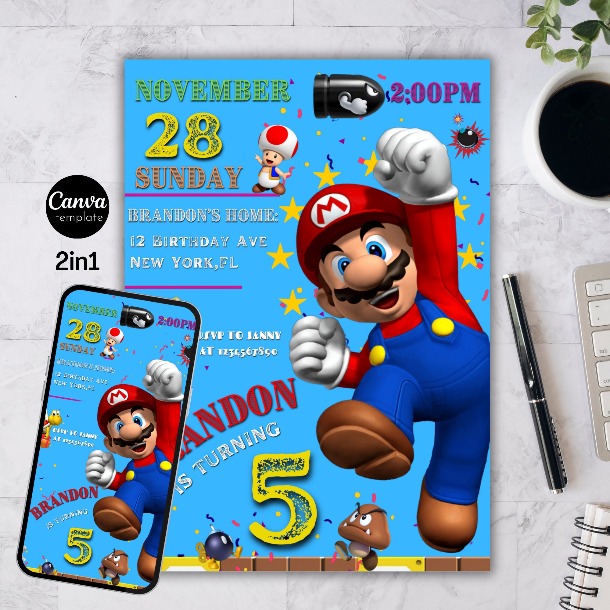 Mario Bros Invitation, Super Mario Birthday Invitation, Super Brothers ...