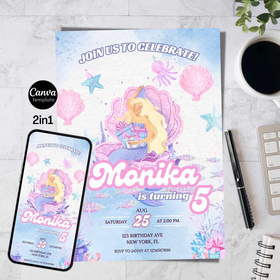 Editable Mermaid Birthday Invitation Little Mermaid Invite Under Sea ...
