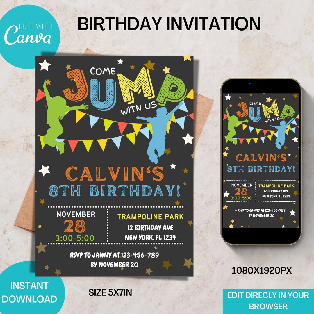 Digital Jump Birthday Invitation Editable Template Canva Trampoline ...