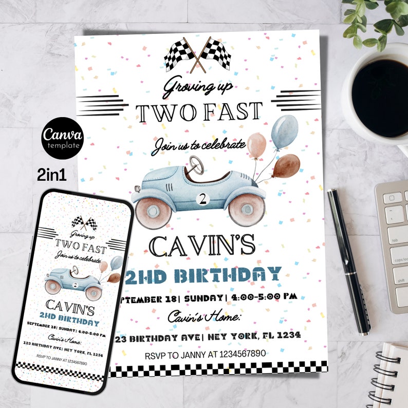 Two Fast Birthday Text Invitation Template, Editable Race Car 2nd ...
