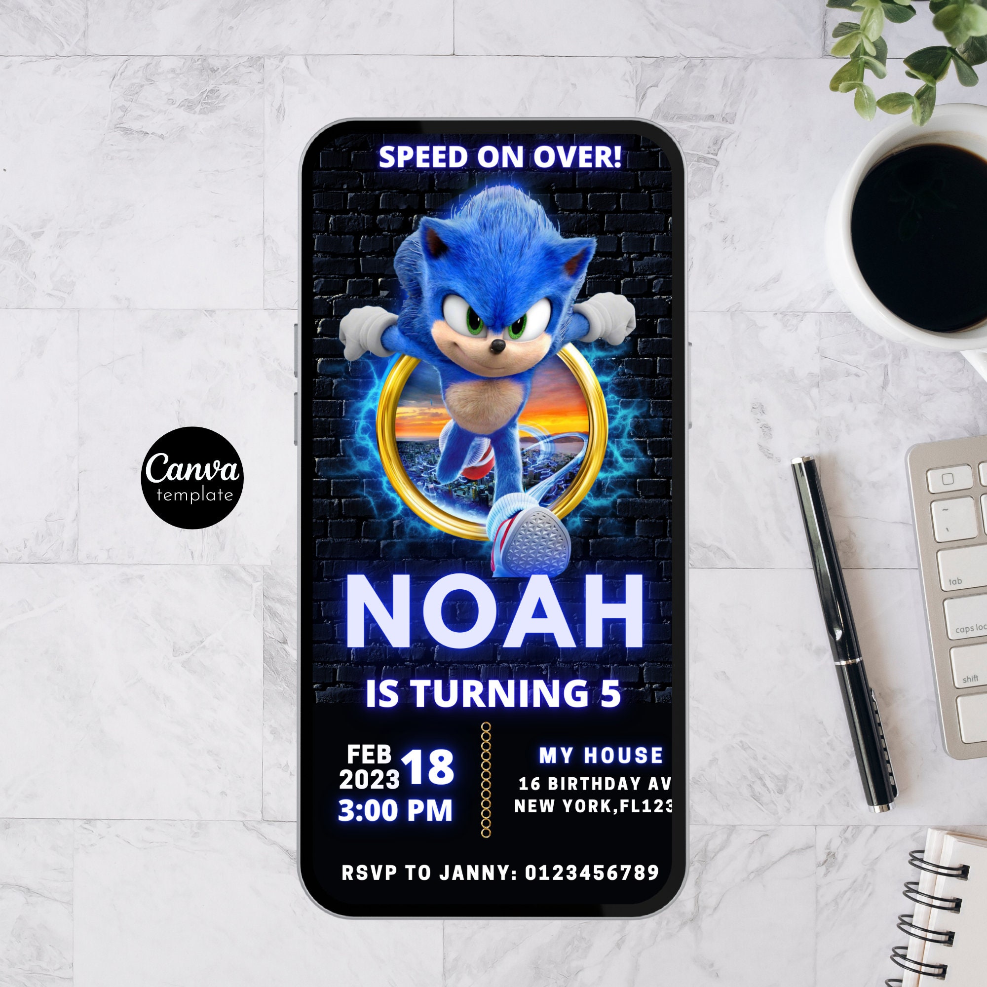 Invitación de cumpleaños de Sonic, invitación a la fiesta de Super ...