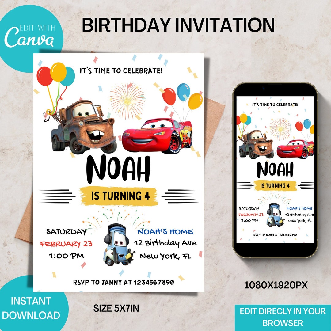 Digital Cars Birthday Invitation Editable Template for Lighting Mcqueen ...