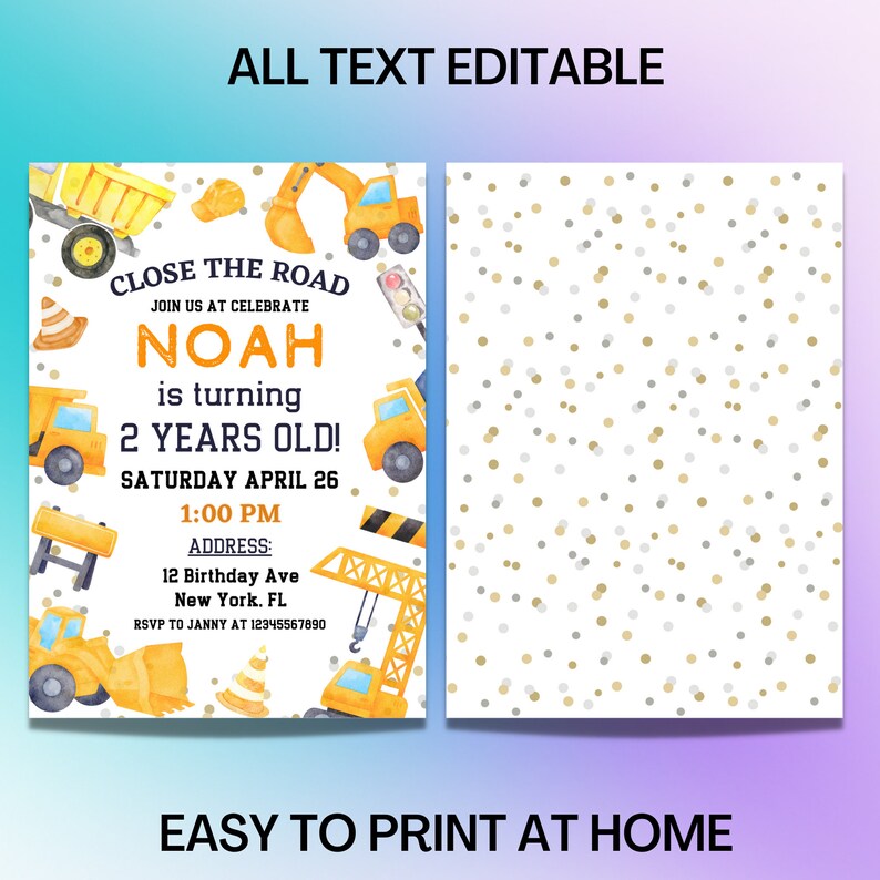 Digital Construction Birthday Invitation Editable Template Dump Truck ...