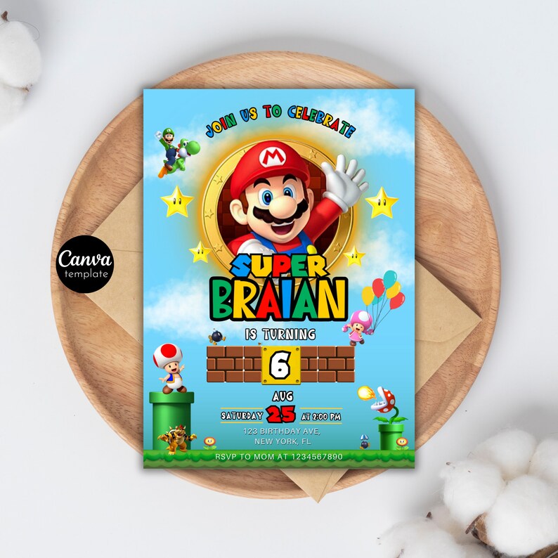 Plantilla de invitación de Mario Bros, invitación de cumpleaños de ...