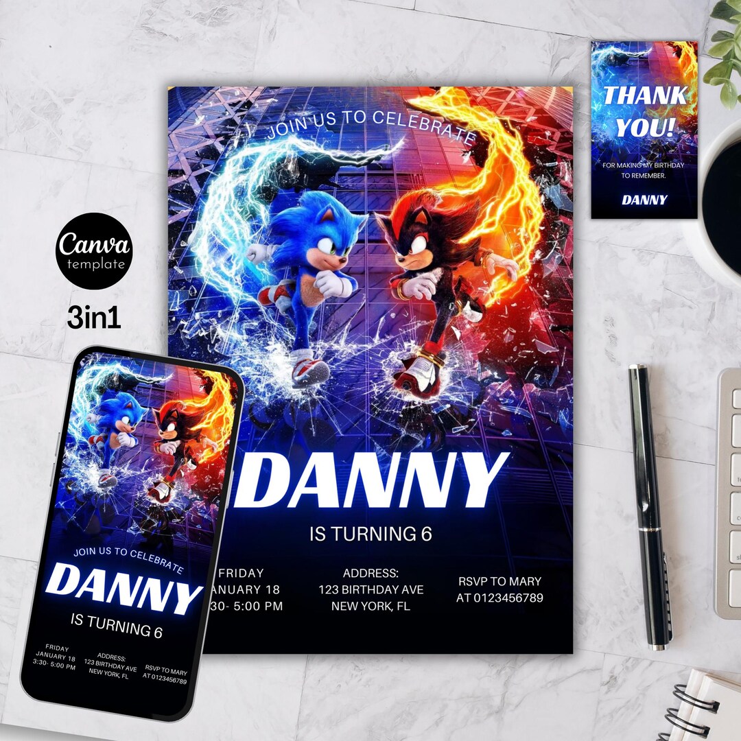 Sonic Birthday Invitation, Editable Super Sonic Party Invite, Boys ...