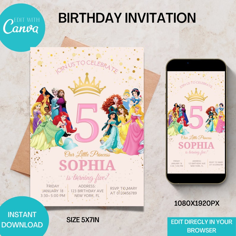 Princess Birthday Canva Template Princess Birthday Party - Etsy