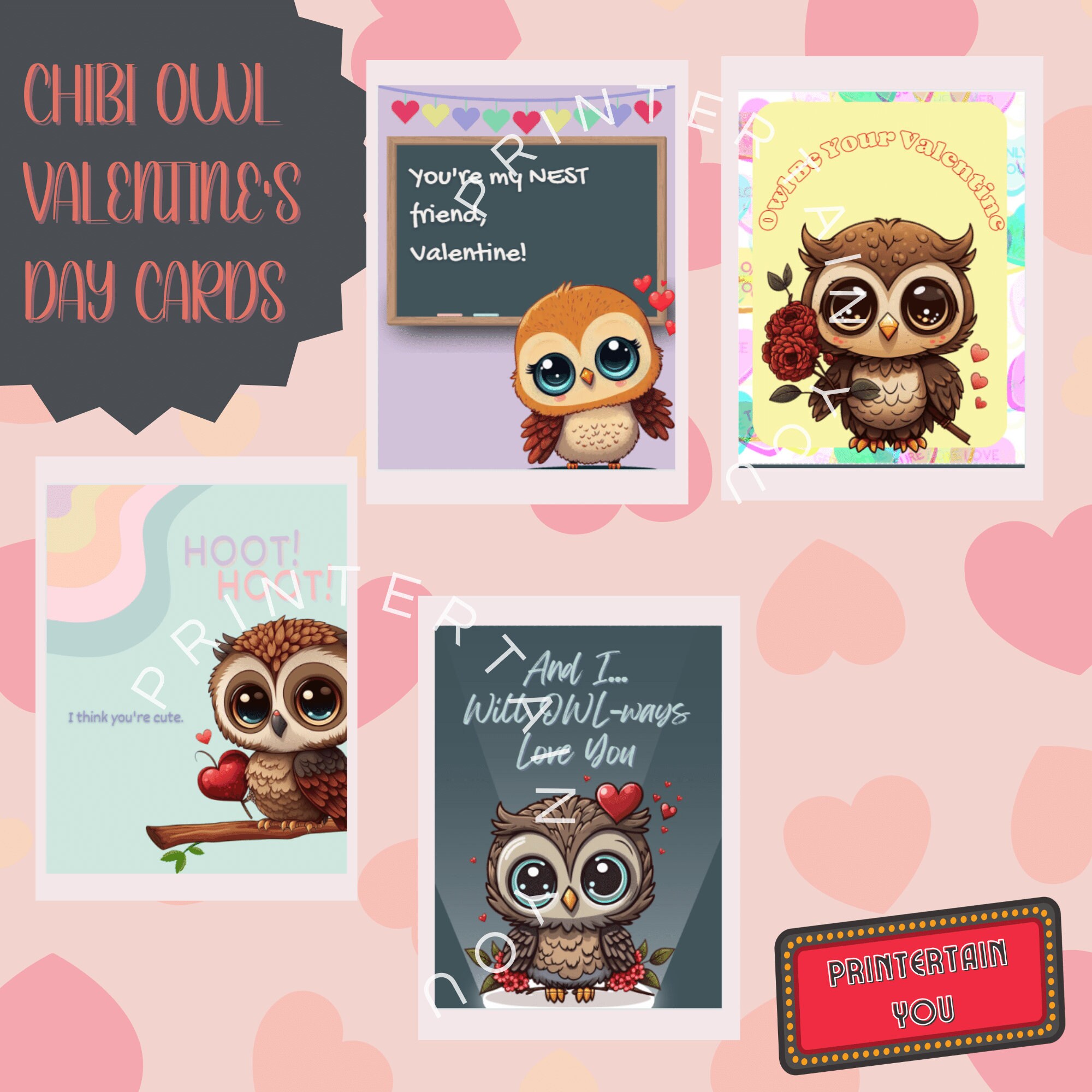 Printable Chibi Owl Valentine's Day Cards, Printables Valentines ...