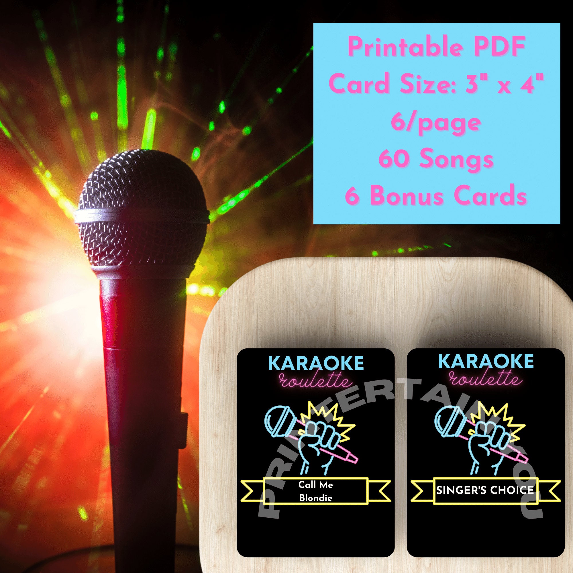 Karaoke Roulette Printable Card Deck Party Game - Instant Download - Card Decks Printable ...