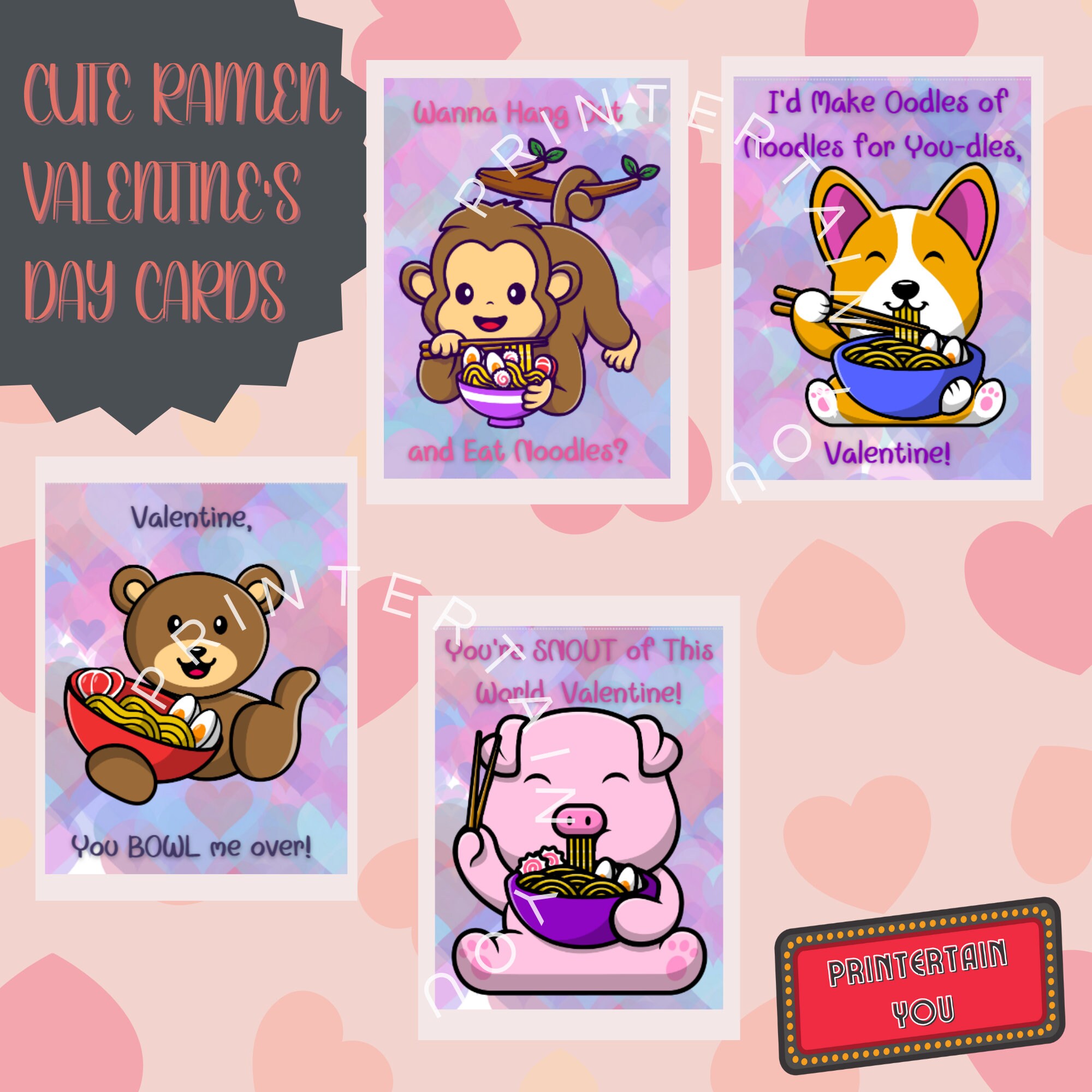 Ramen and Anime Valentines Printable Valentine's Cards Ft. Cute Animals ...