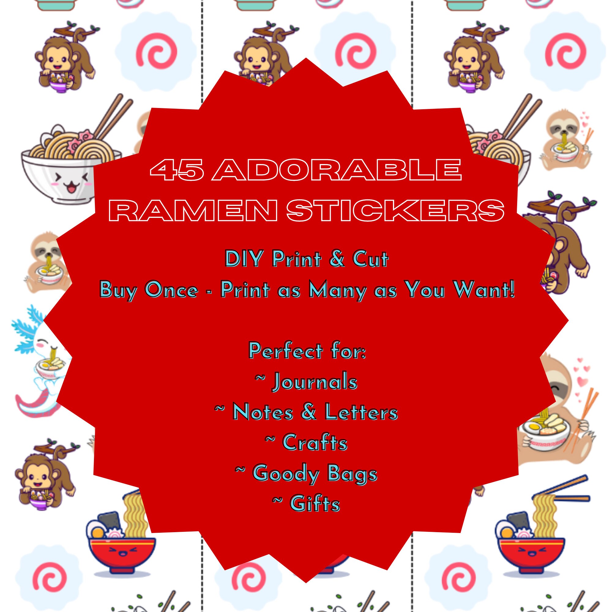 Printable Stickers Cute Animals Eating Ramen * Kawaii Ramen * Cute ...