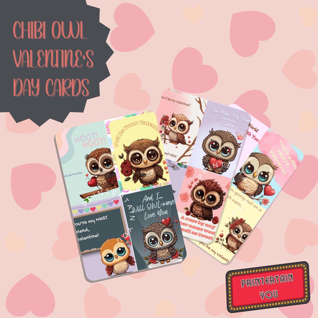 Printable Chibi Owl Valentine's Day Cards, Printables Valentines ...