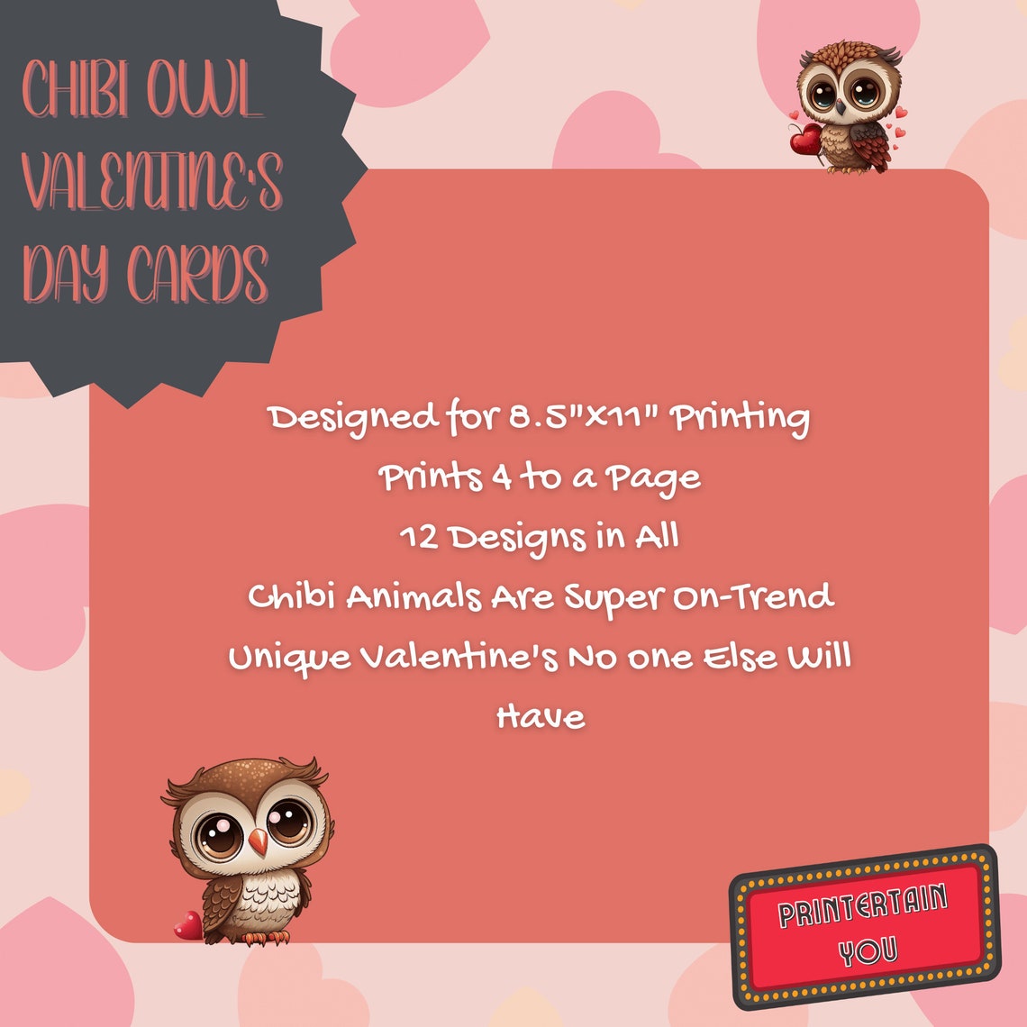 Printable Chibi Owl Valentine's Day Cards, Printables Valentines ...