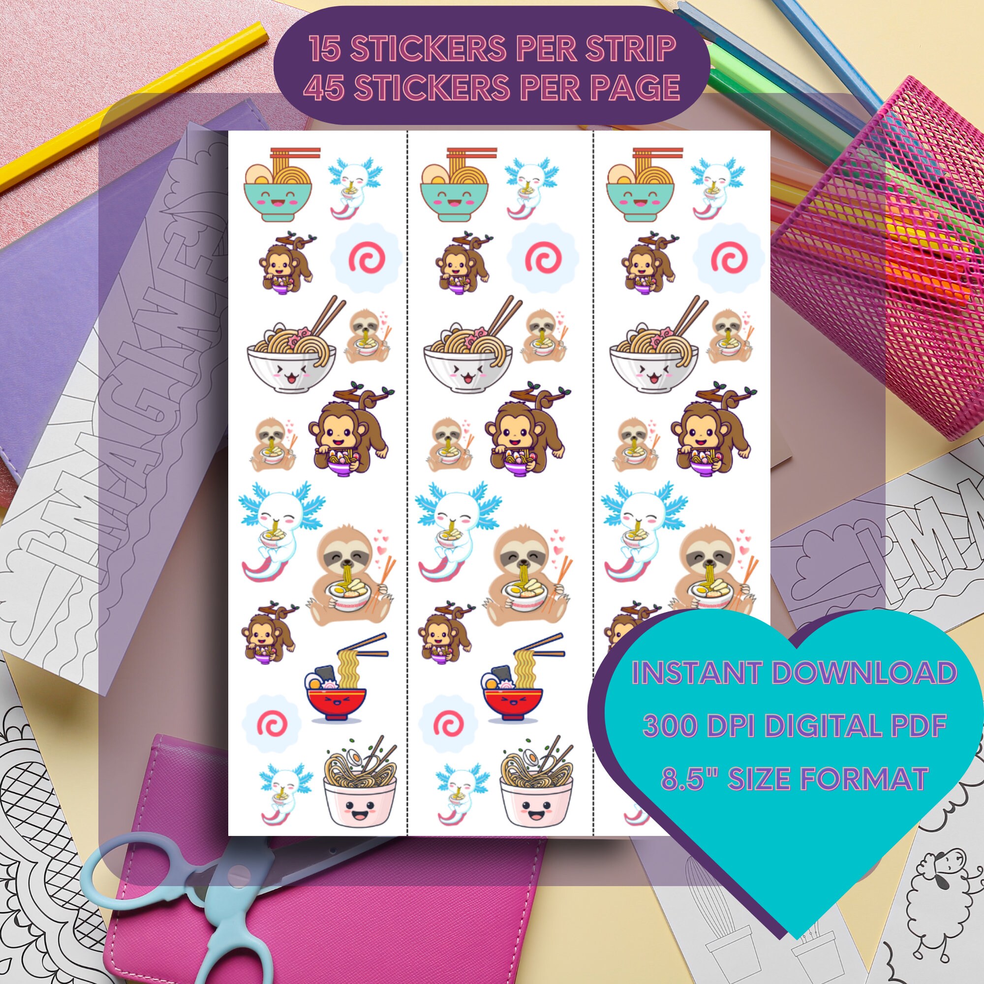 Printable Stickers Cute Animals Eating Ramen * Kawaii Ramen * Cute ...