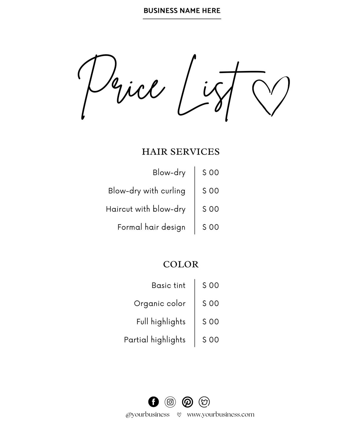 Editable Salon Price List Template, Small Business Price List, Canva ...