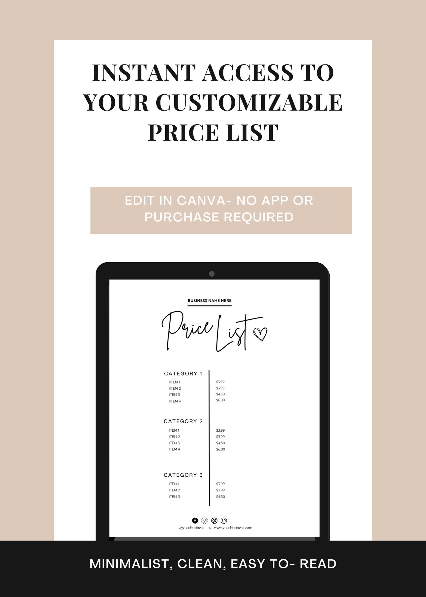 Editable Price List Template for Small Business, Customizable Price ...