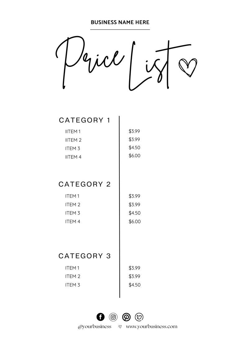 Editable Price List Template for Small Business, Customizable Price ...