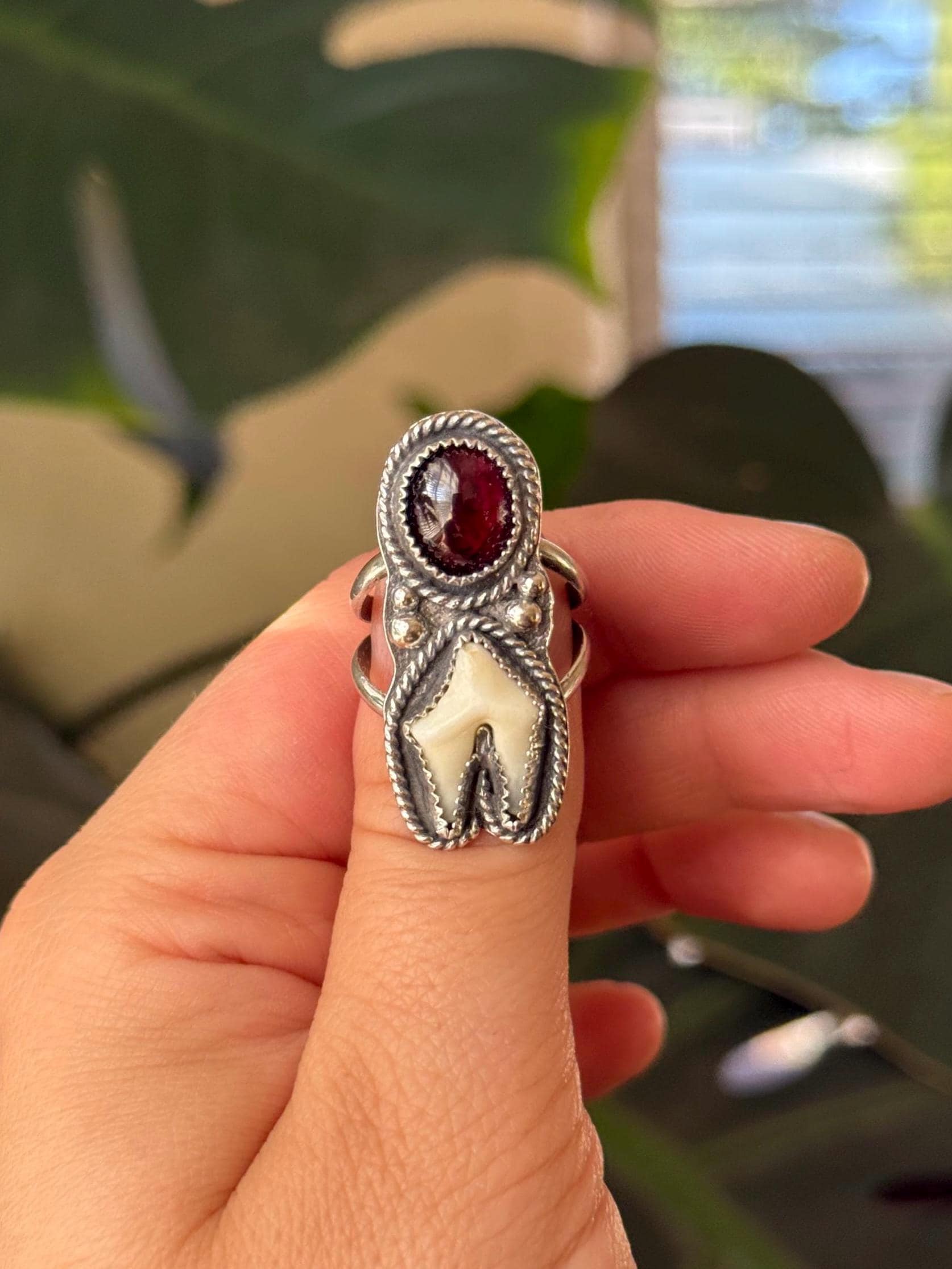 Coyote Tooth & Garnet Handmade Ring - Etsy