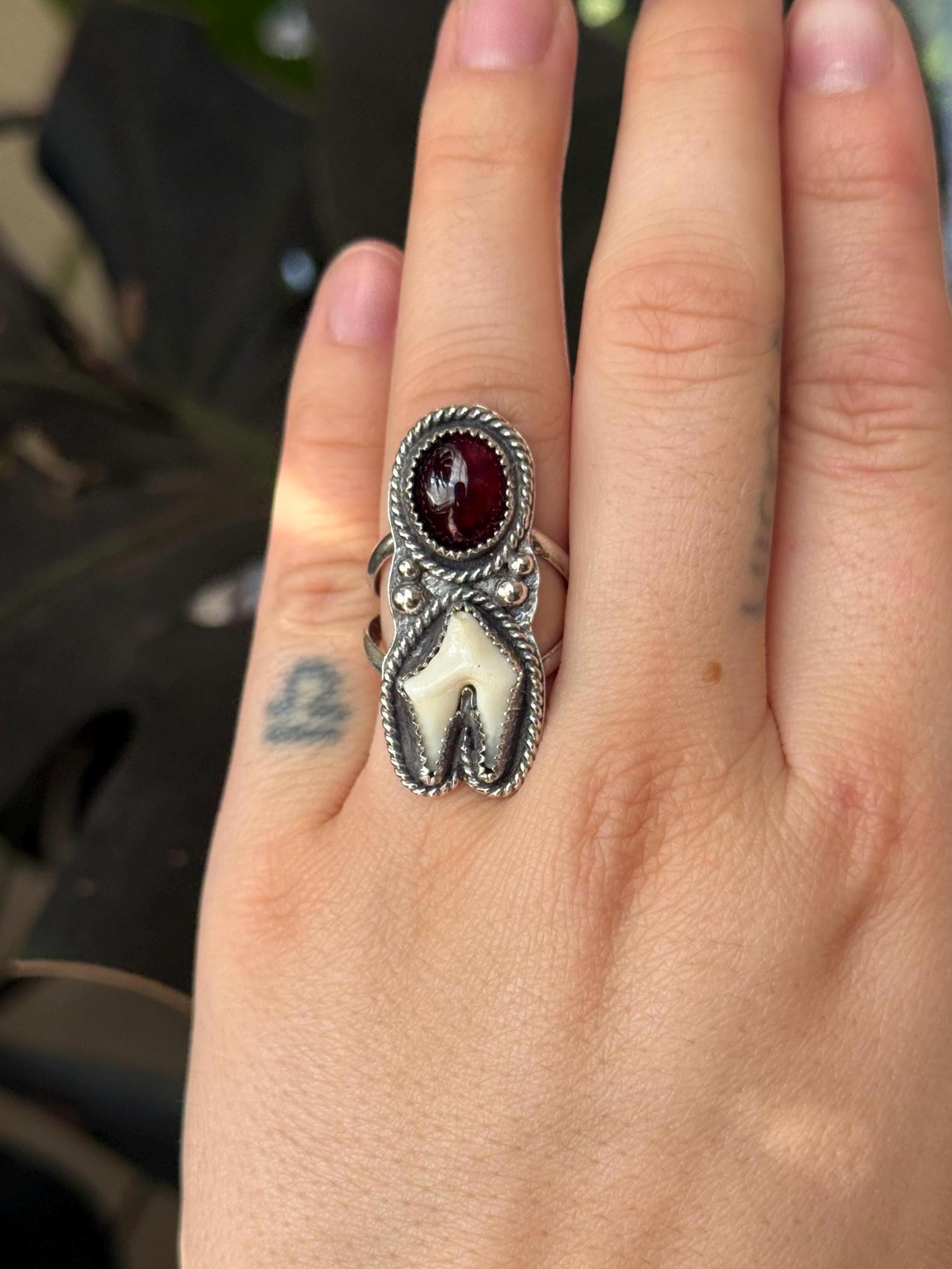 Coyote Tooth & Garnet Handmade Ring - Etsy
