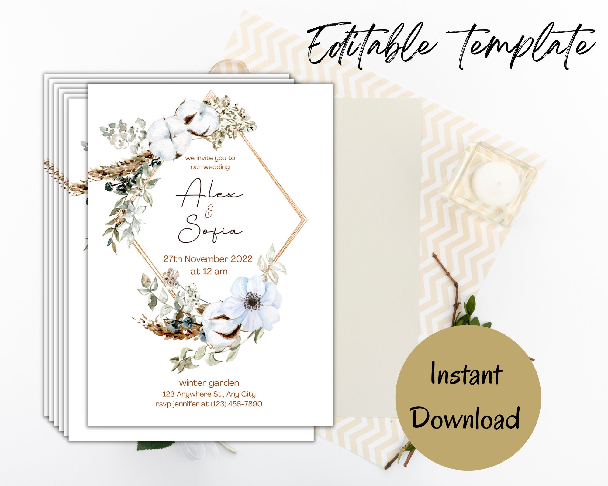 Beige Floral Wedding Invitation, Wedding Invitation Template, Wedding ...