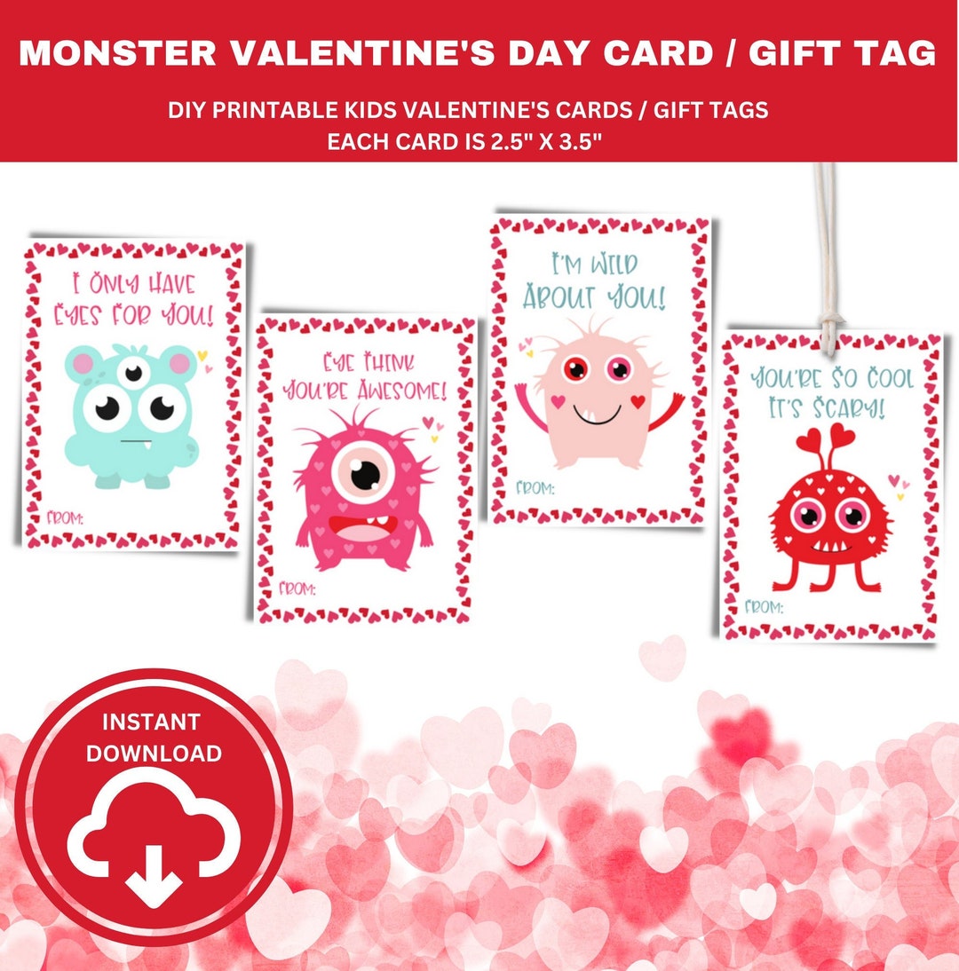 PRINTABLE Monster Kids Valentines Day Card - Valentines Gift Tag ...