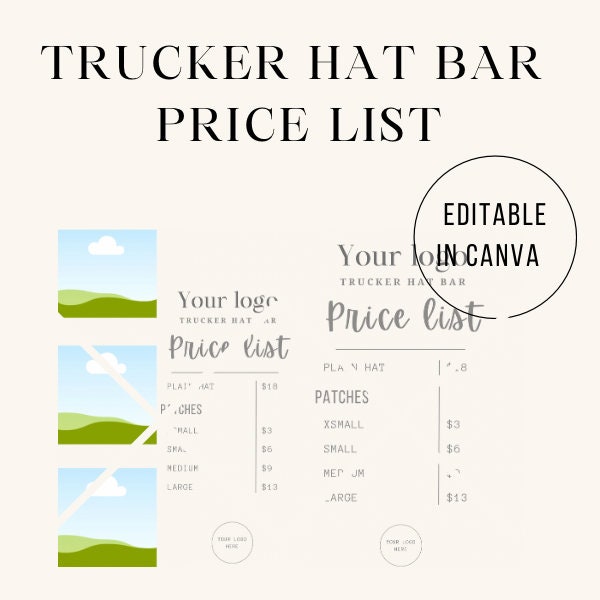 Trucker Hat Bar Price Sheets | Custom Hat Bar Price Display | Hat Bar Business | Custom Hat Bar ...