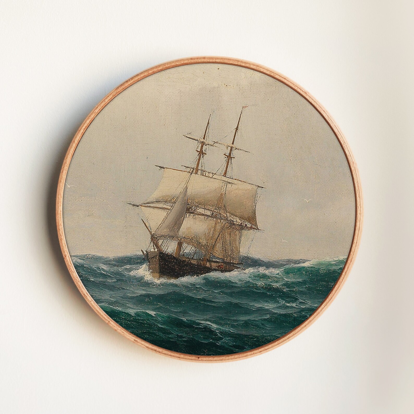 Vintage Stormy Sea Painting - Tall Ship Battling Waves - Maritime Art ...