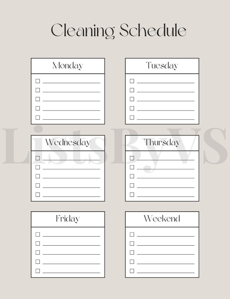 Beige Weekly Cleaning Schedule| Printable Cleaning List | Weekly ...
