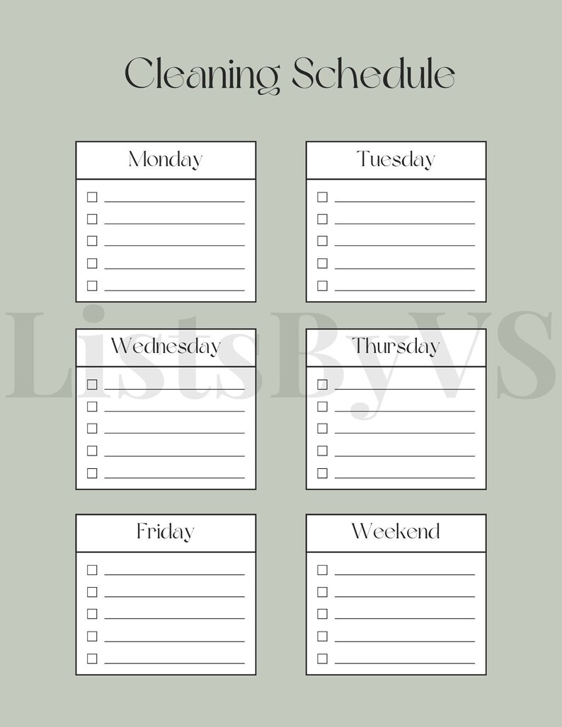 Green Weekly Cleaning Schedule Printable Cleaning List Weekly Cleaning ...