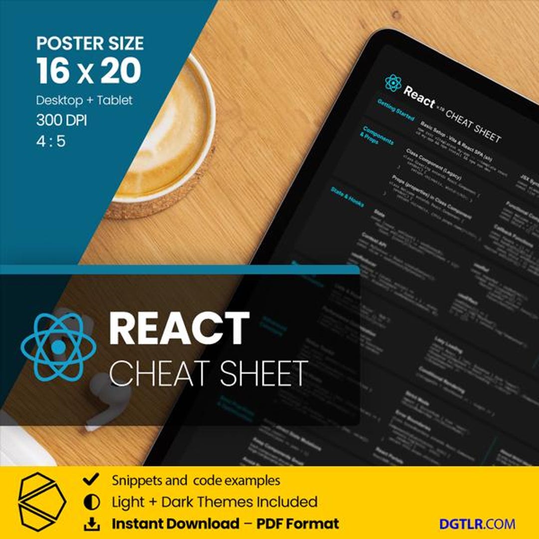 React Cheat Sheet (light + Dark PDF) - Etsy