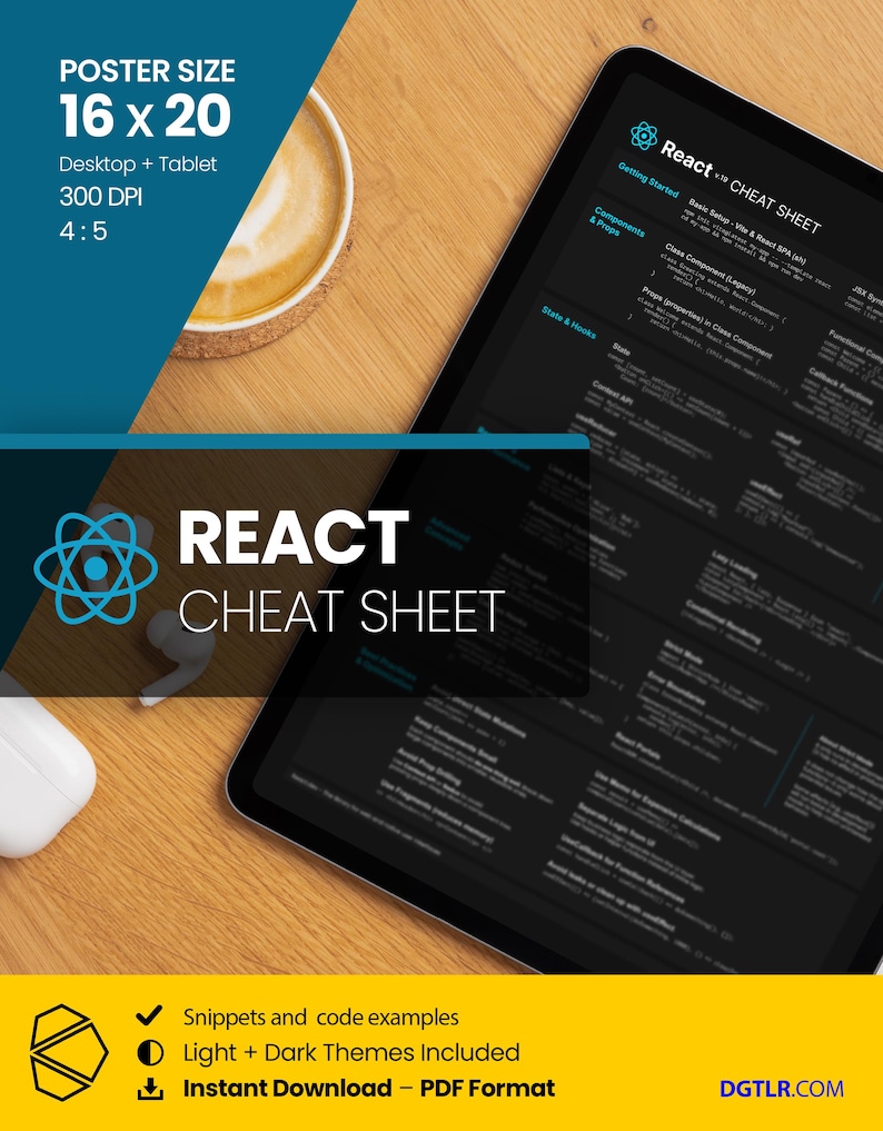 React Cheat Sheet (light + Dark PDF) - Etsy