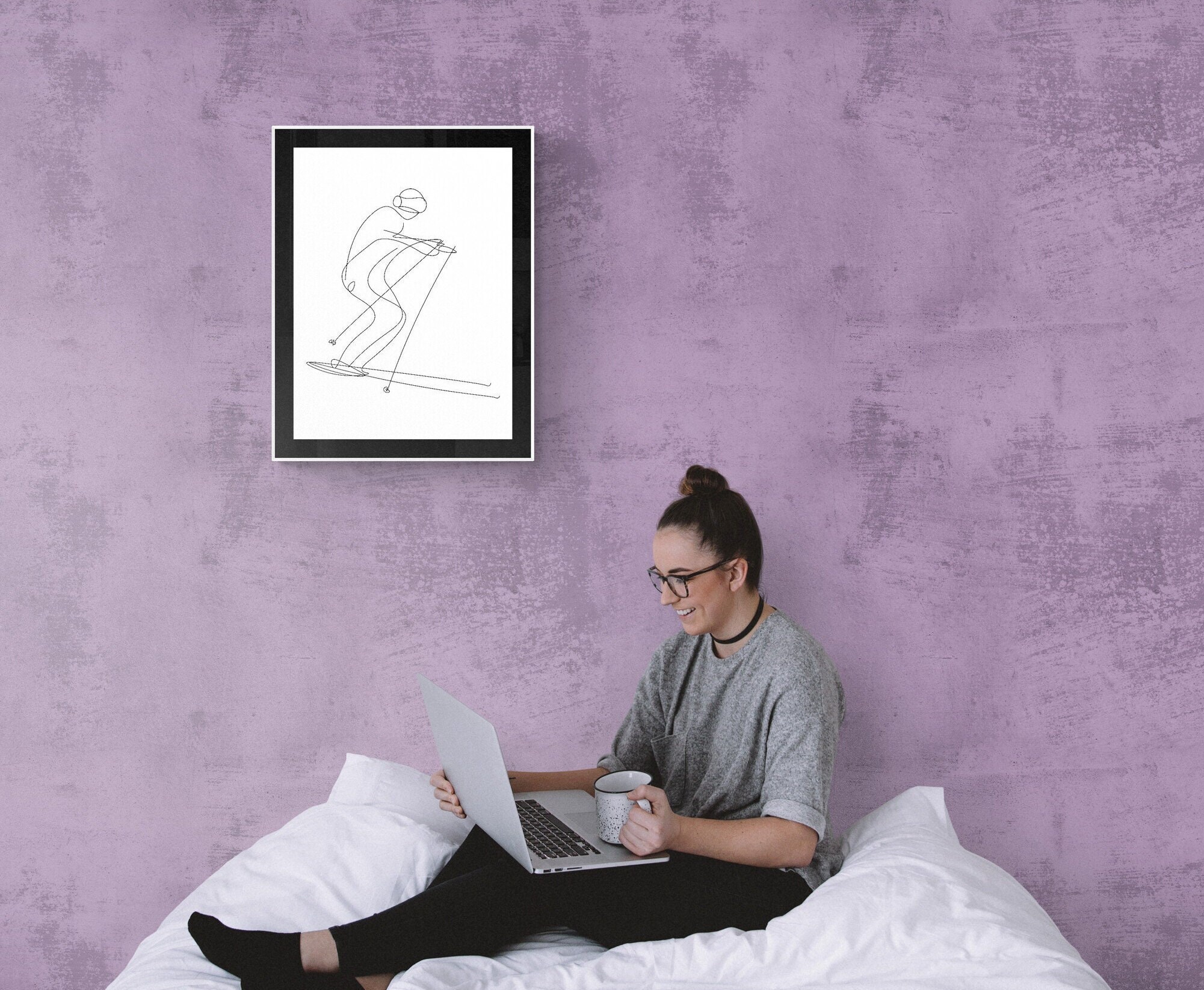 Minimalist Skiing Line Drawing Printable Wall Art Sports Fan - Etsy