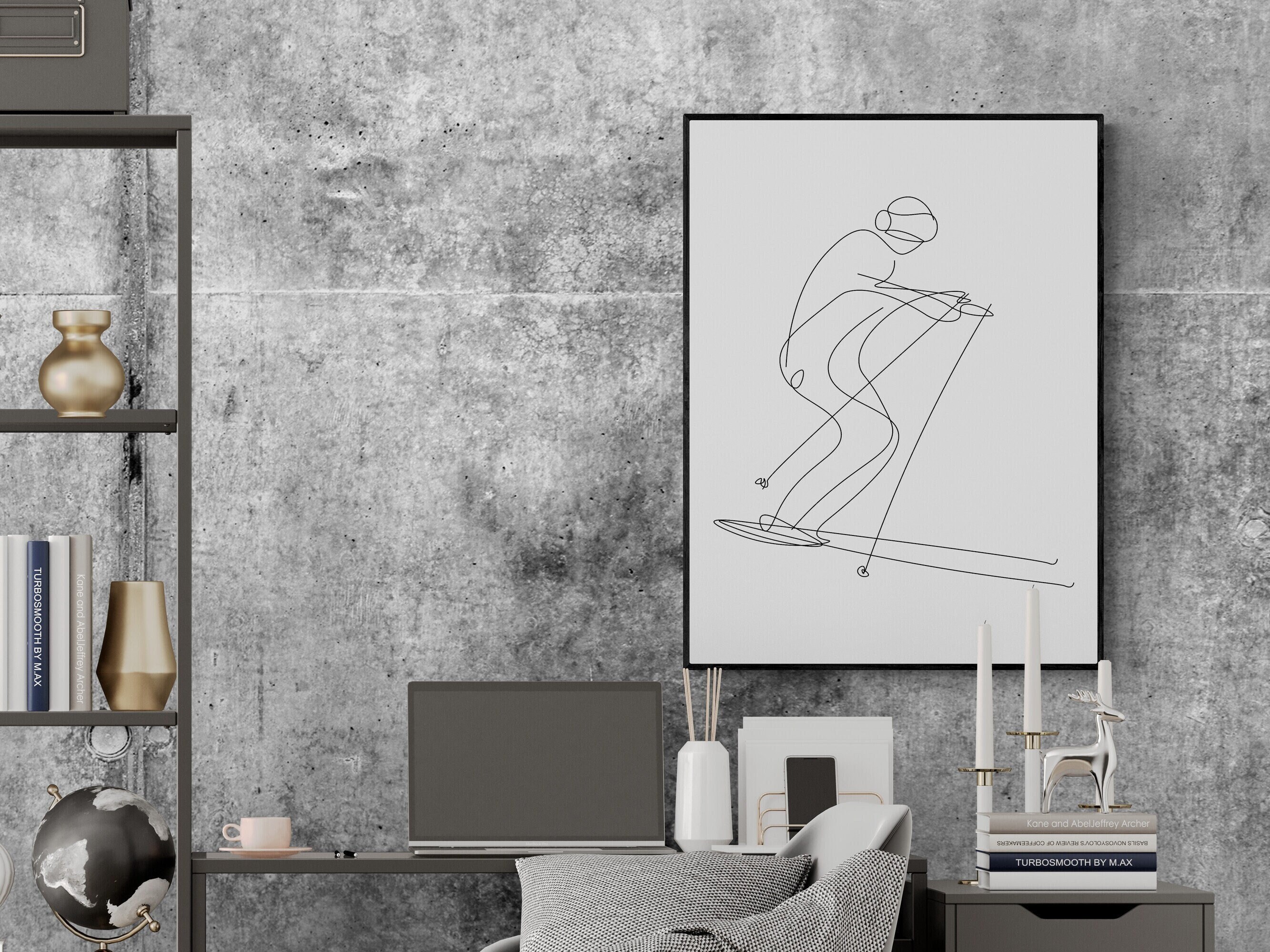 Minimalist Skiing Line Drawing Printable Wall Art Sports Fan - Etsy
