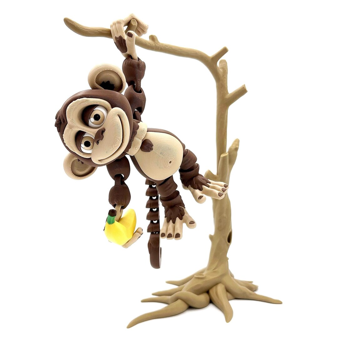 3D Printed Articulated Monkey Fidget Toy With Tree Stand & Banana ...