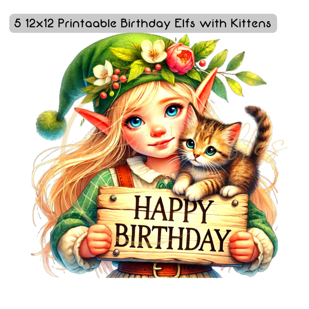 Printable Birthday Elves With Kittens - 5 PNG 12x12 Digital Downloads ...