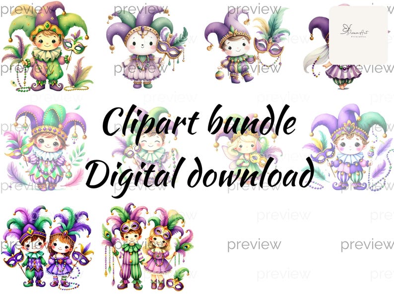 Vibrant Mardi Gras Jesters Clipart Set of 10 - Instant Download ...