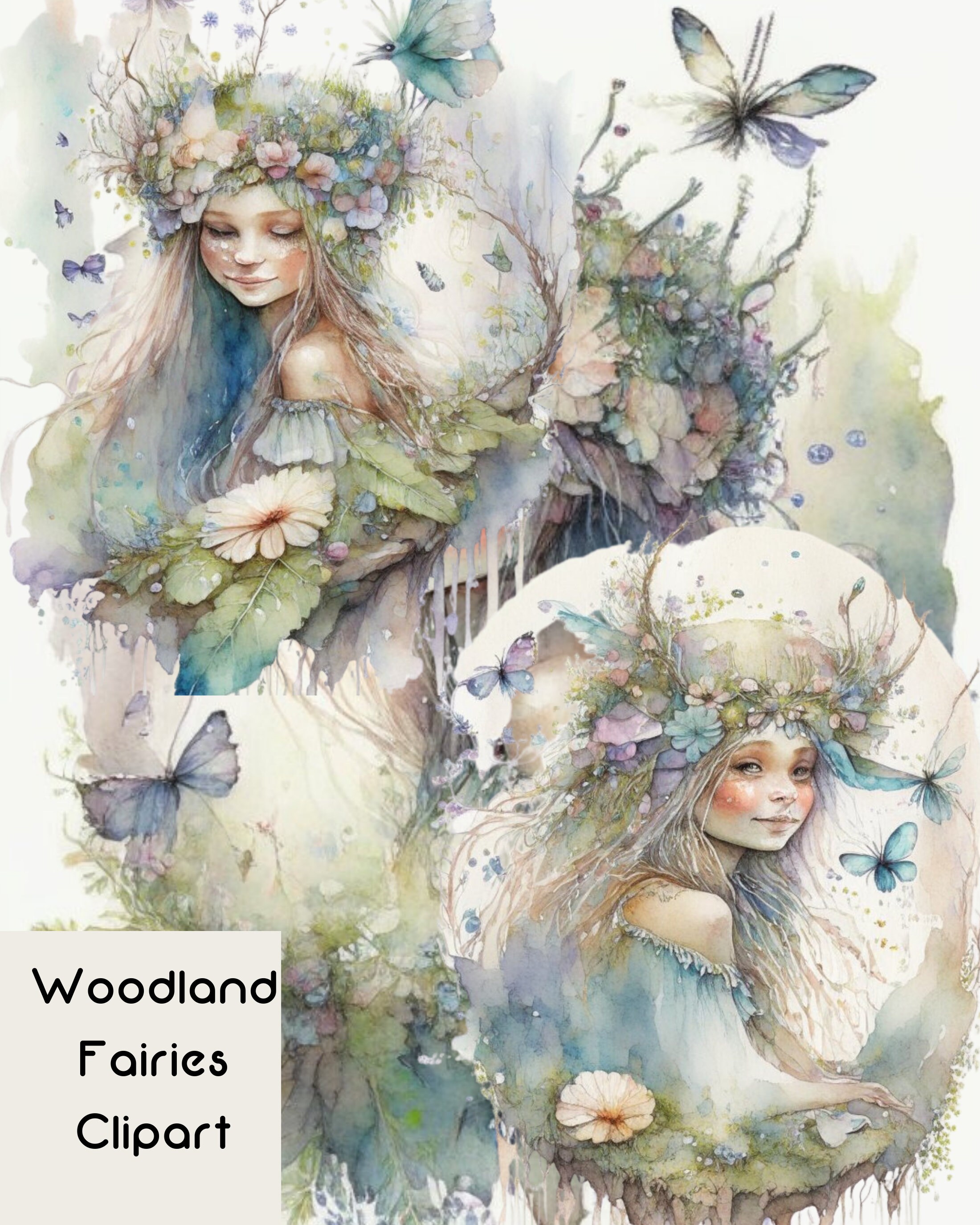 Watercolor Woodland Fairy Clipart Bundle, Fantasy Floral Fairy PNG Set ...