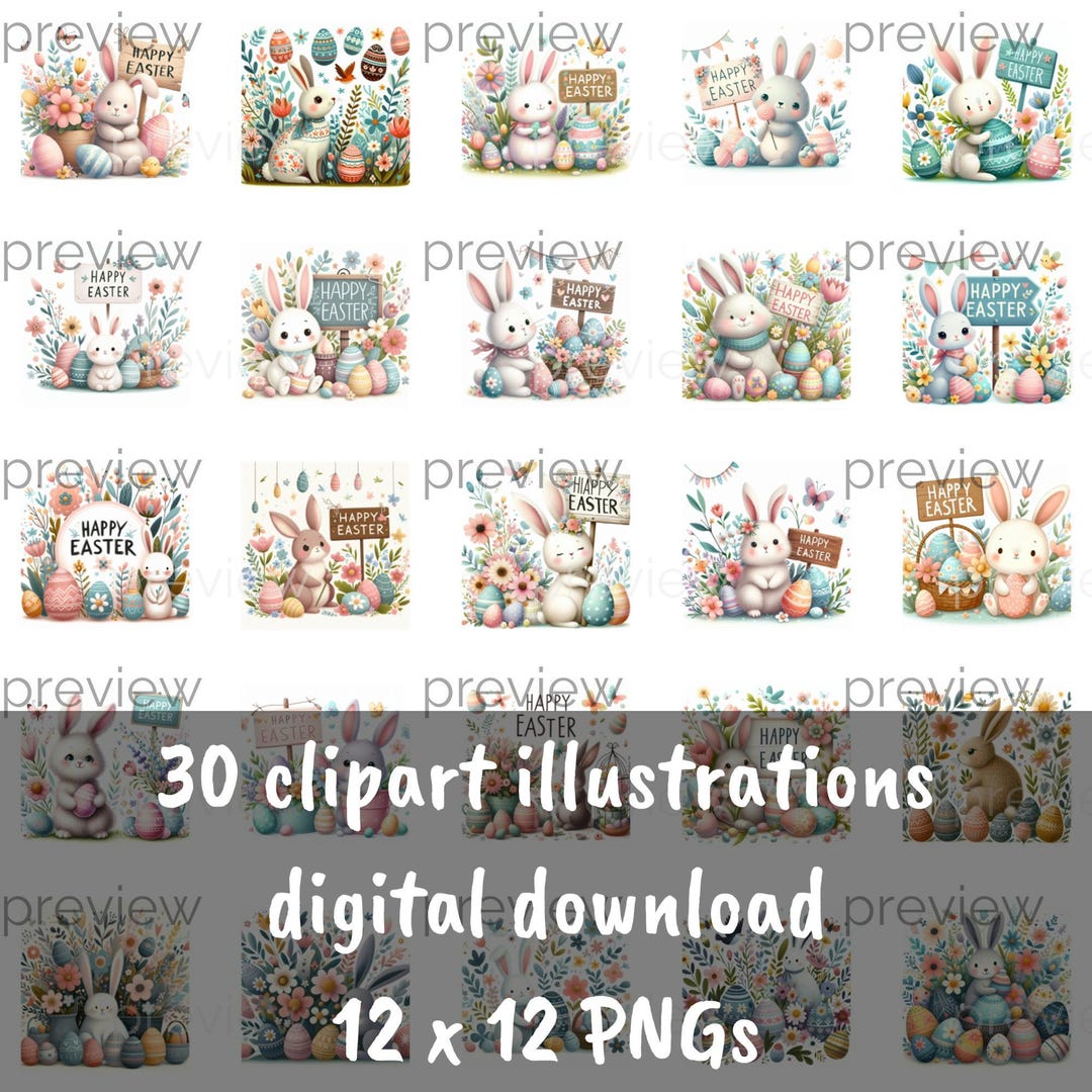 Playful Easter Clipart Collection With Cute Bunnies, Colorful Eggs, and ...