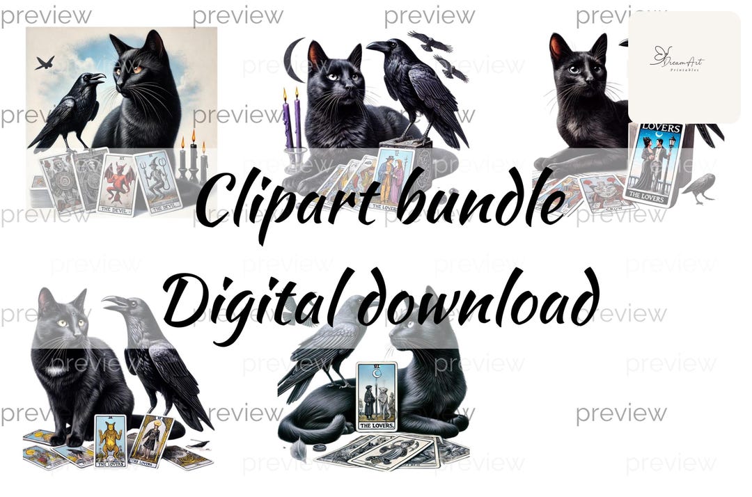 Mystical Cats and Ravens Tarot Clipart - Instant Download Sublimation ...