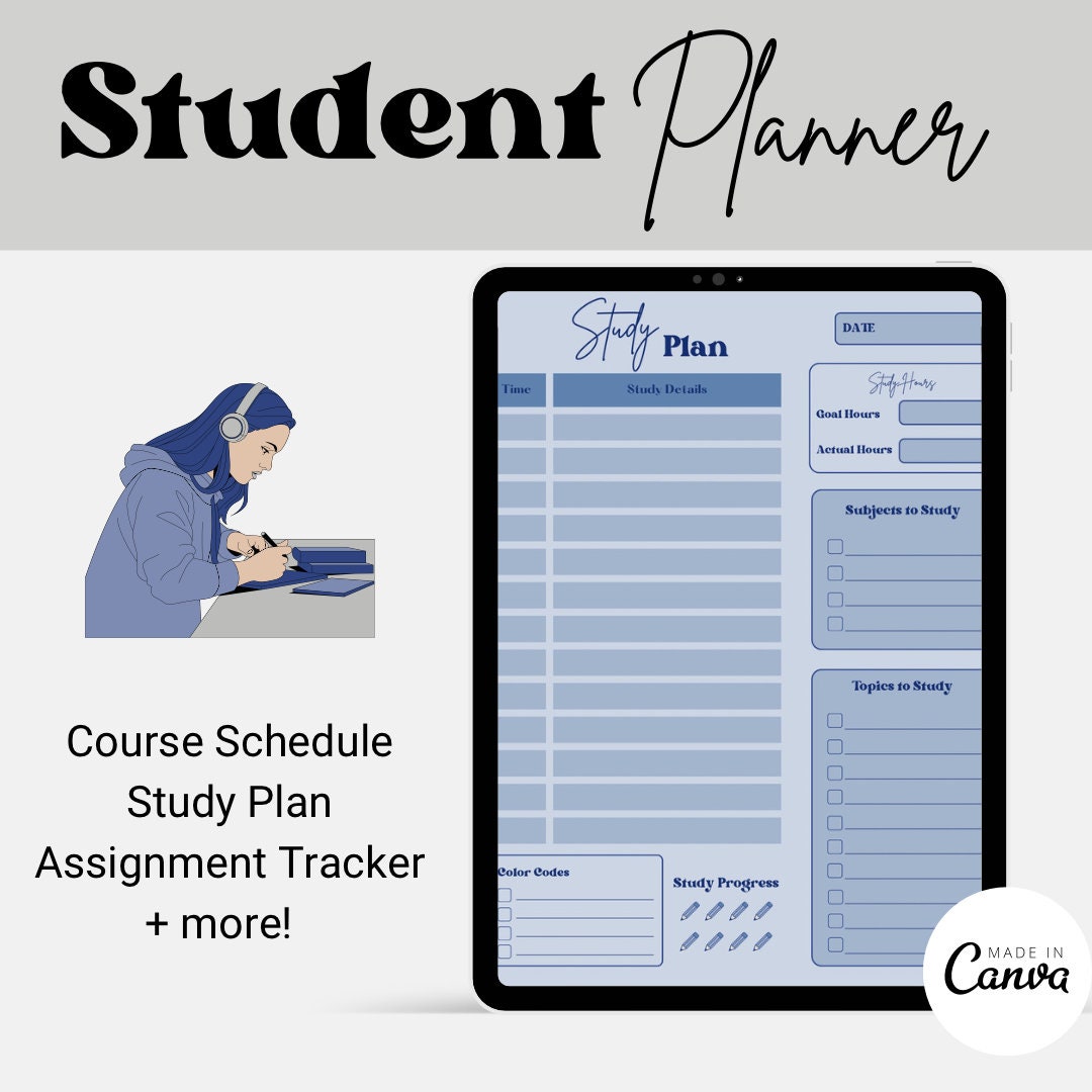 Student Digital Planner Blue Printable Planner, Assignment Tracker ...