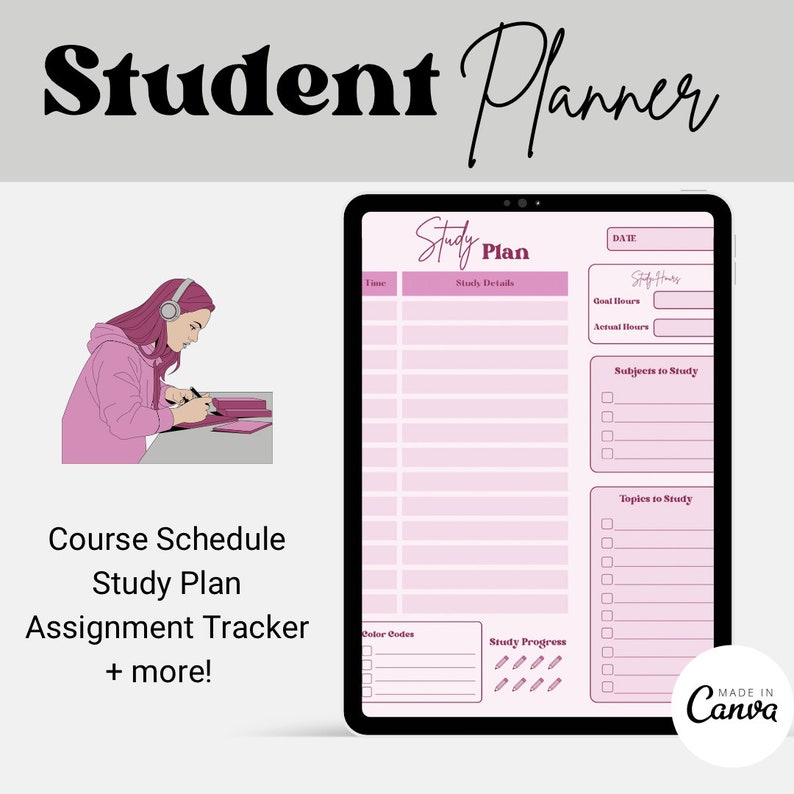 Student Digital Planner | Pink | Printable Planner, Assignment Tracker ...