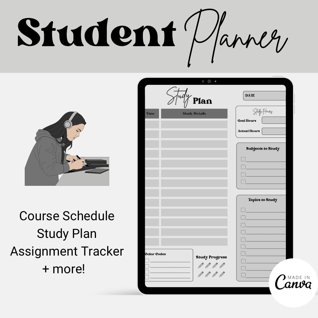 Student Digital Planner B&W Printable Planner, Assignment Tracker ...